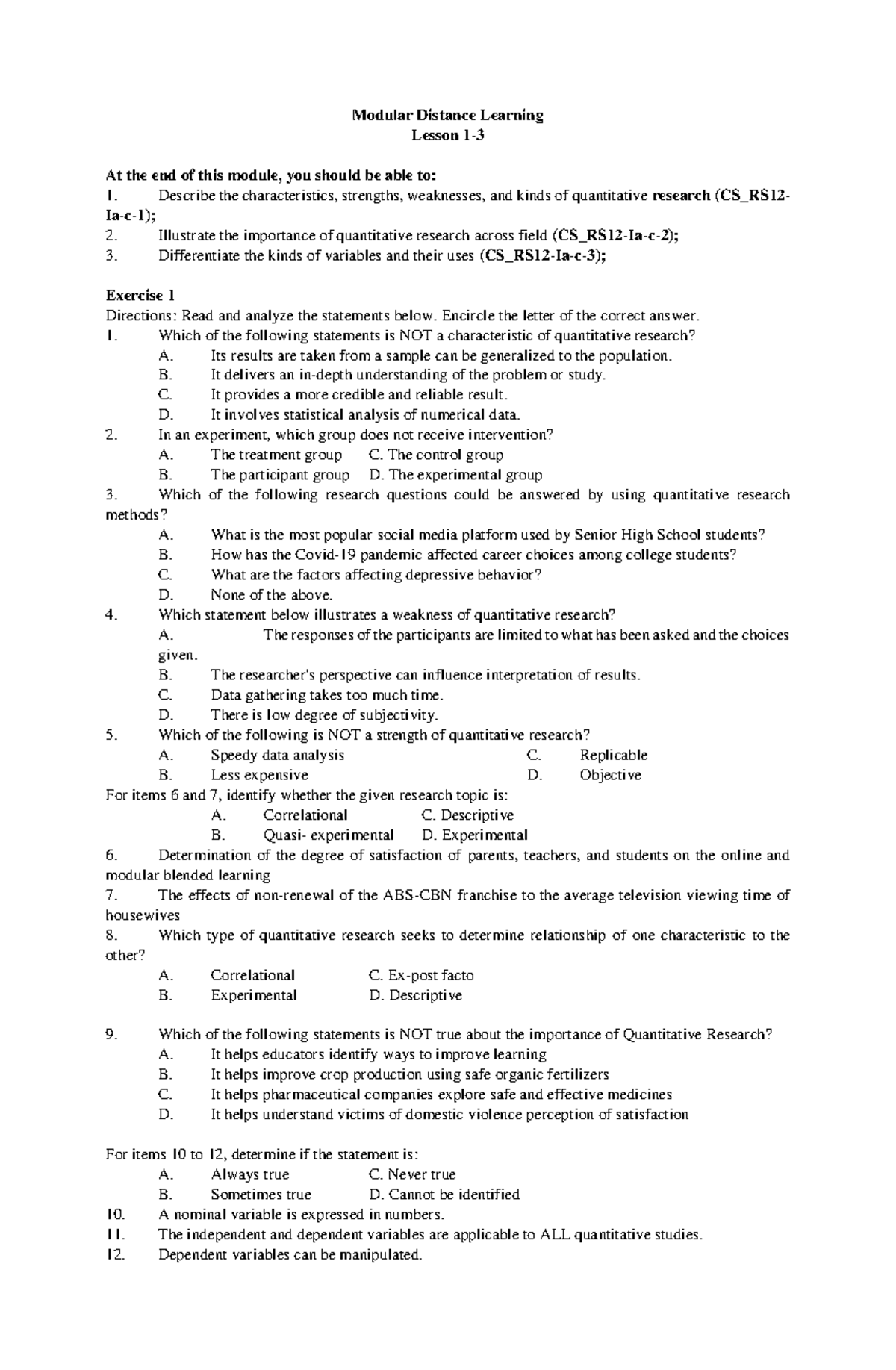 Modular Distance Learning Lesson 1 3 - Encircle the letter of the ...
