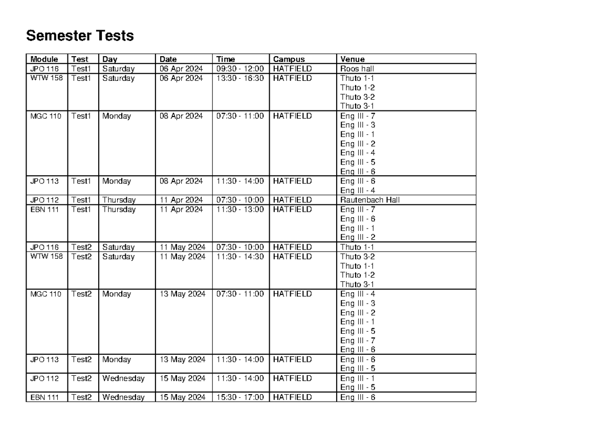 Semester test Timetable - Semester Tests Module Test Day Date Time ...