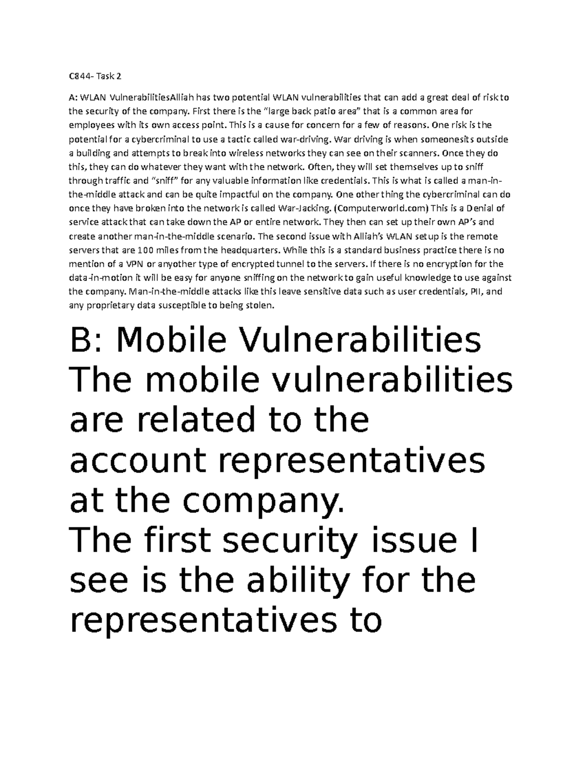 Task 2 - Task 2 - C844- Task 2 A: WLAN VulnerabilitiesAlliah has two ...