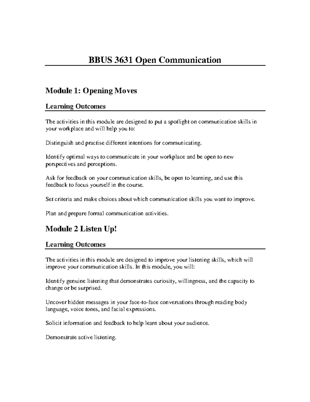 BBUS 3631 - Course Outline - BBUS 3631 Open Communication Module 1: Opening Moves Learning ...