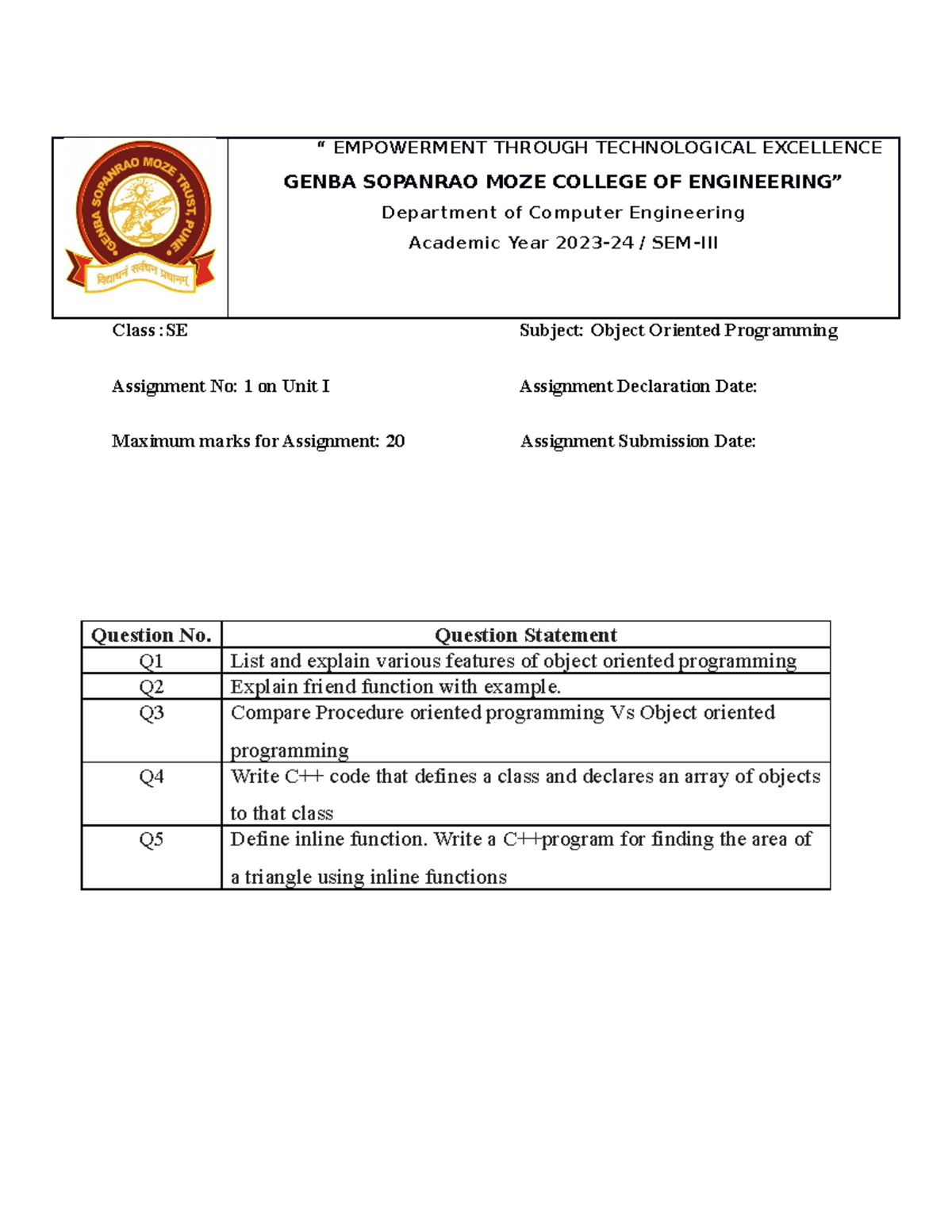 Oop Assignment 1 And 2 “ Empowerment Through Technological Excellence Genba Sopanrao Moze