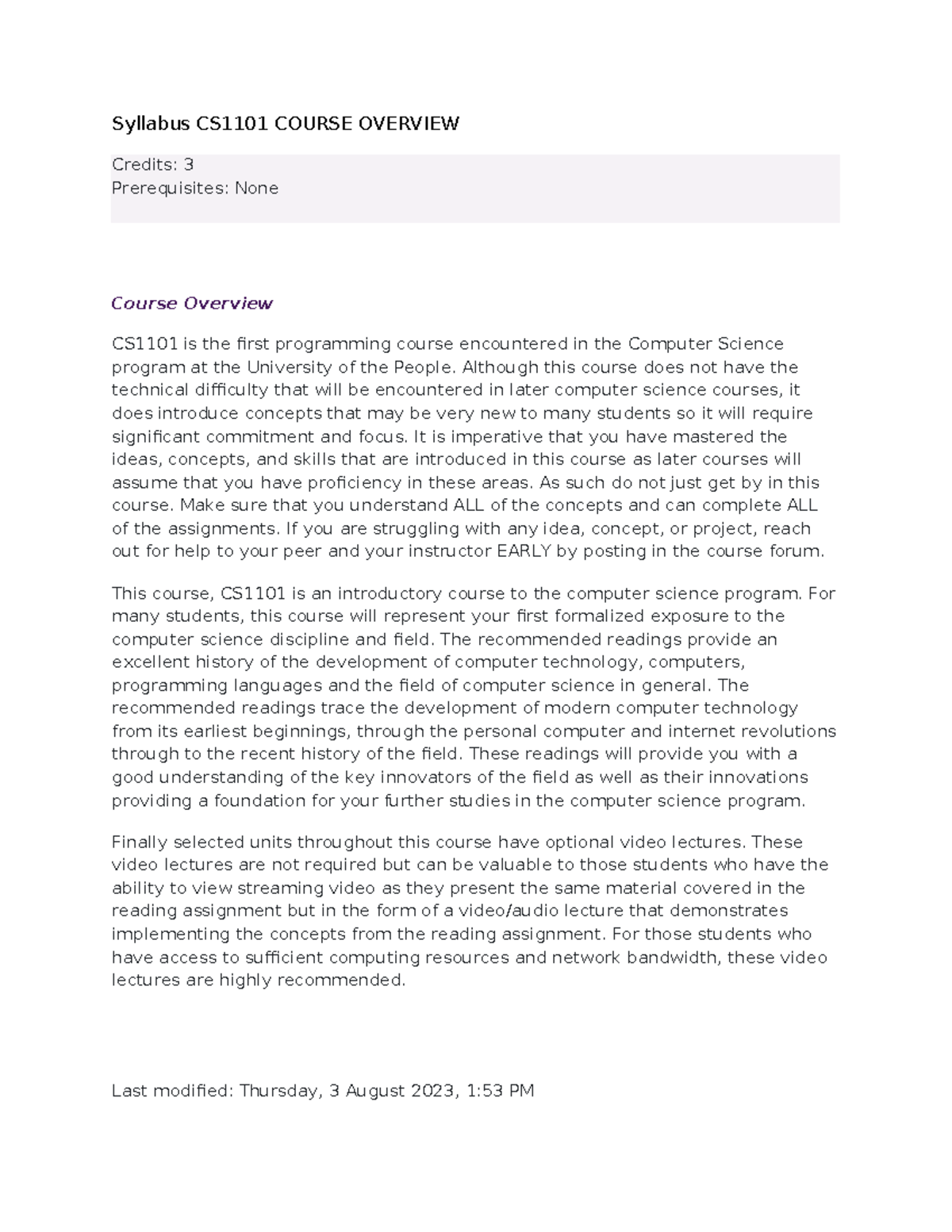 Syllabus 8 - Syllabus CS1101 COURSE OVERVIEW Credits: 3 Prerequisites ...