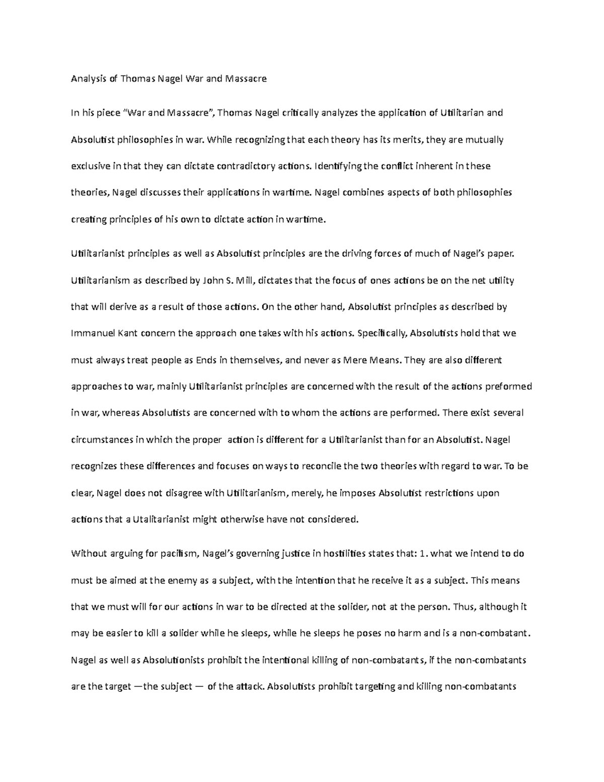 Assign 2 page three latkas - Analysis of Thomas Nagel War and Massacre ...