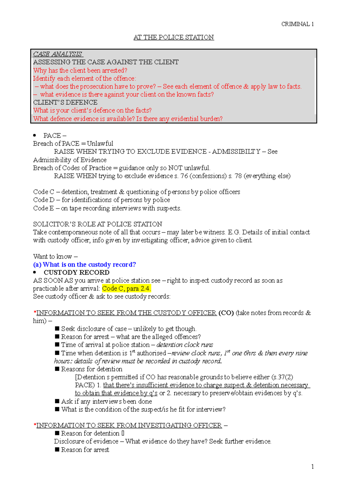 Atthepolicestation - LPC Notes - CRIMINAL 1 AT THE POLICE STATION CASE ...