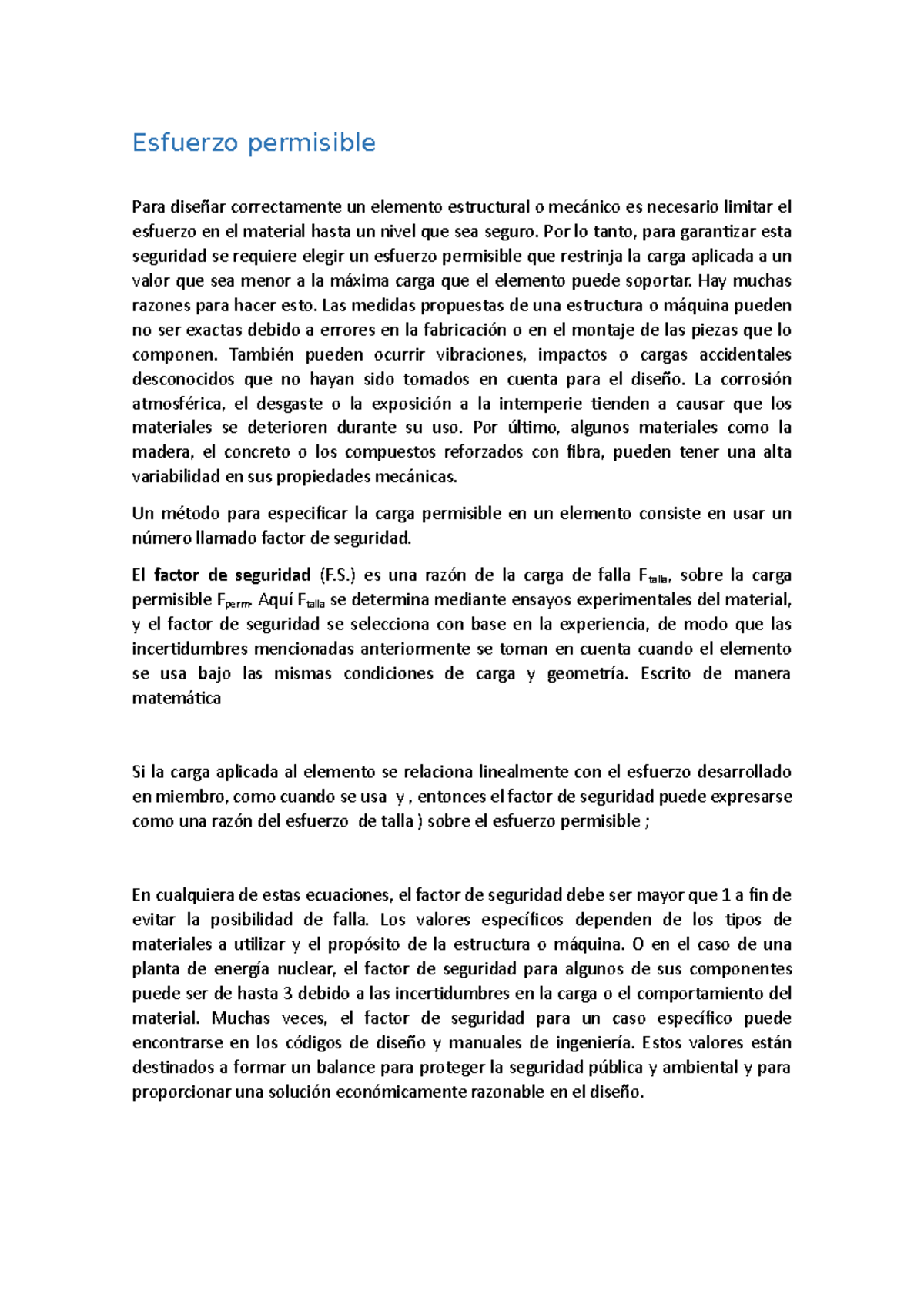 Esfuerzo permisible - Resumen de 3 páginas - Esfuerzo permisible Para ...