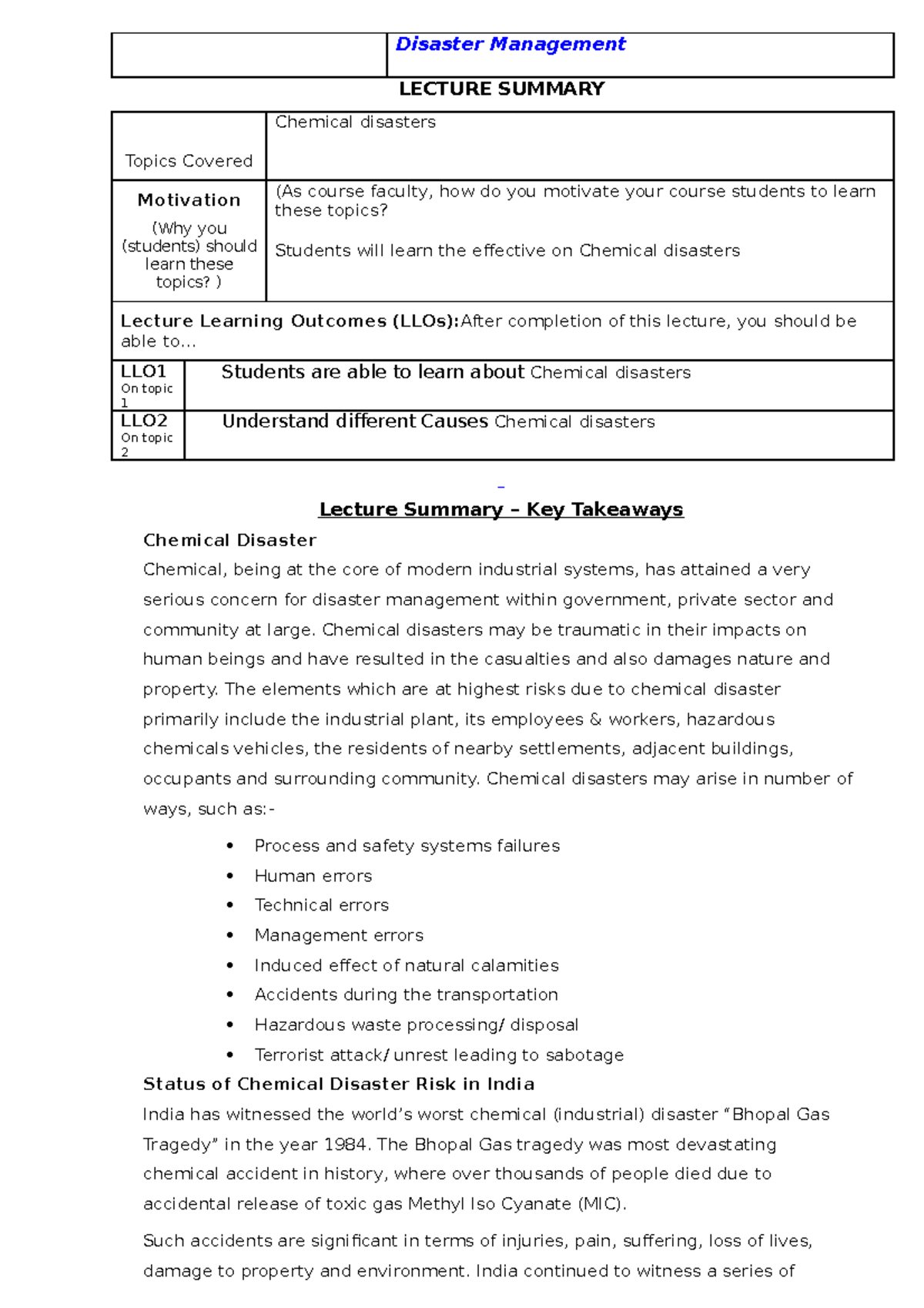 Chemical disasters - Disaster Management LECTURE SUMMARY Topics Covered Chemical disasters - Studocu