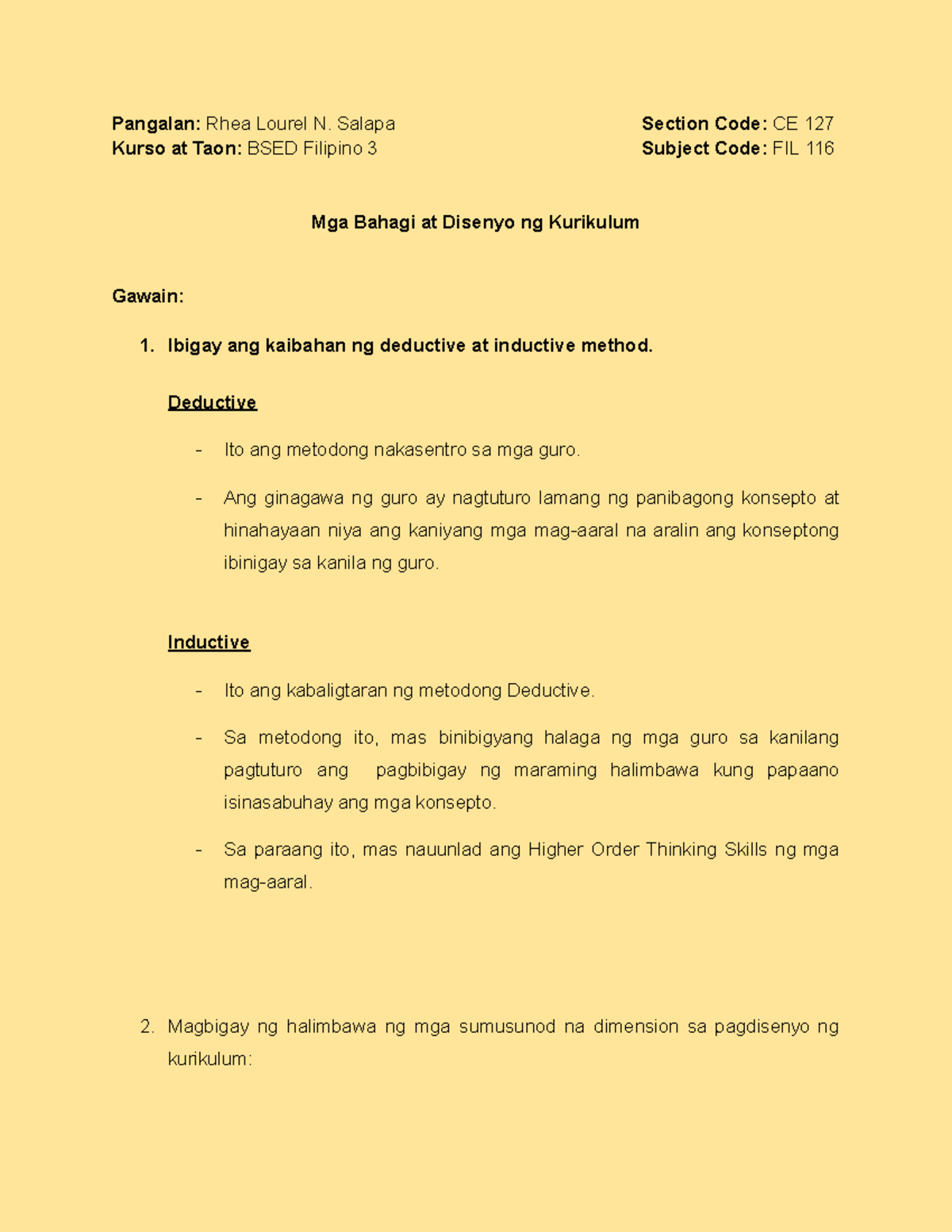 Salapa Mga Bahagi at Disenyo ng Kurikulum - Pangalan: Rhea Lourel N ...