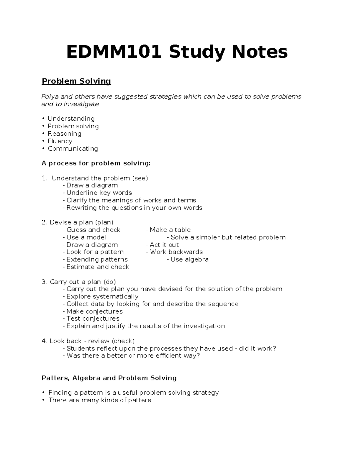 EDMM101 Study Notes - EDMM101 Study Notes Problem Solving Polya and ...