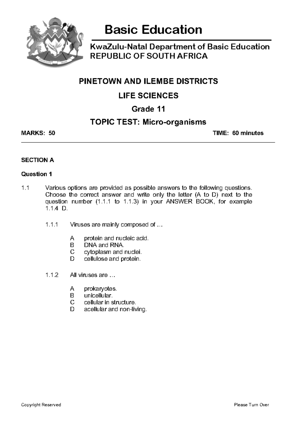 Grade 11 Topic Tests - Copyright Reserved Please Turn Over PINETOWN AND ...