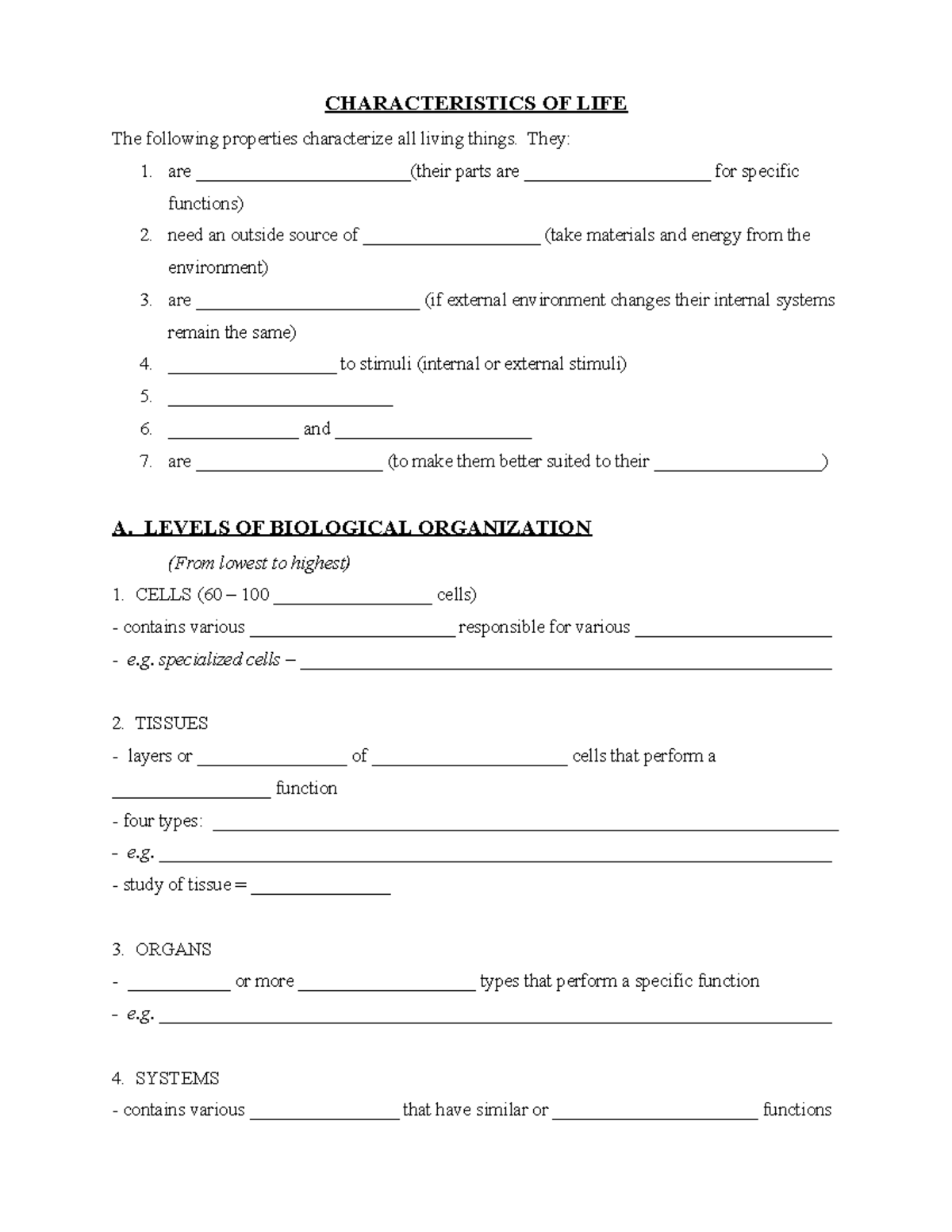 1b. IB Bio Characteristics of Life Notes Student - CHARACTERISTICS OF ...
