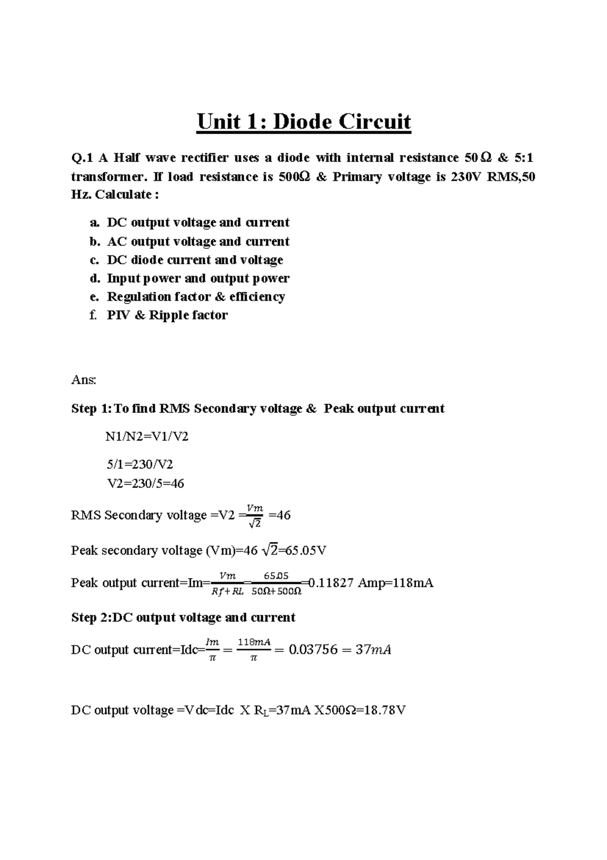 Clipper circuits - Joss - Unit 1: Diode Circuit Q A Half wave rectifier uses a diode with ...
