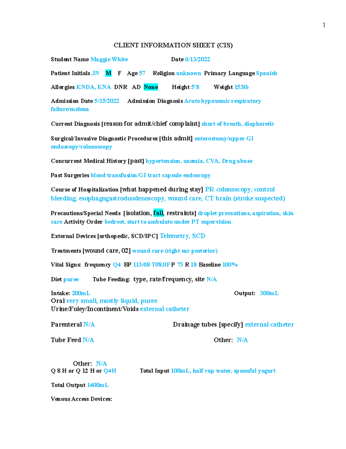 CIS JN - clinical docs - CLIENT INFORMATION SHEET (CIS) Student Name ...