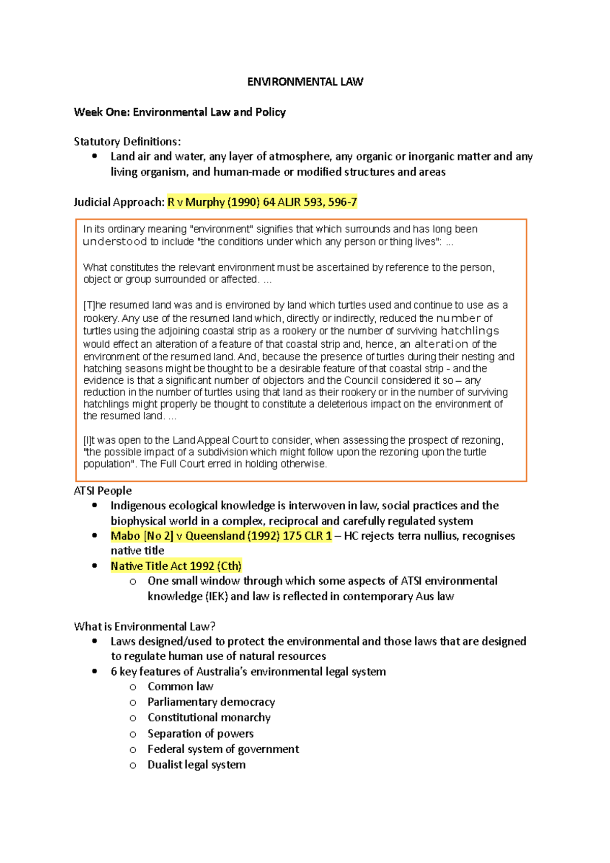 Environmental LAW Notes - ENVIRONMENTAL LAW Week One: Environmental Law ...