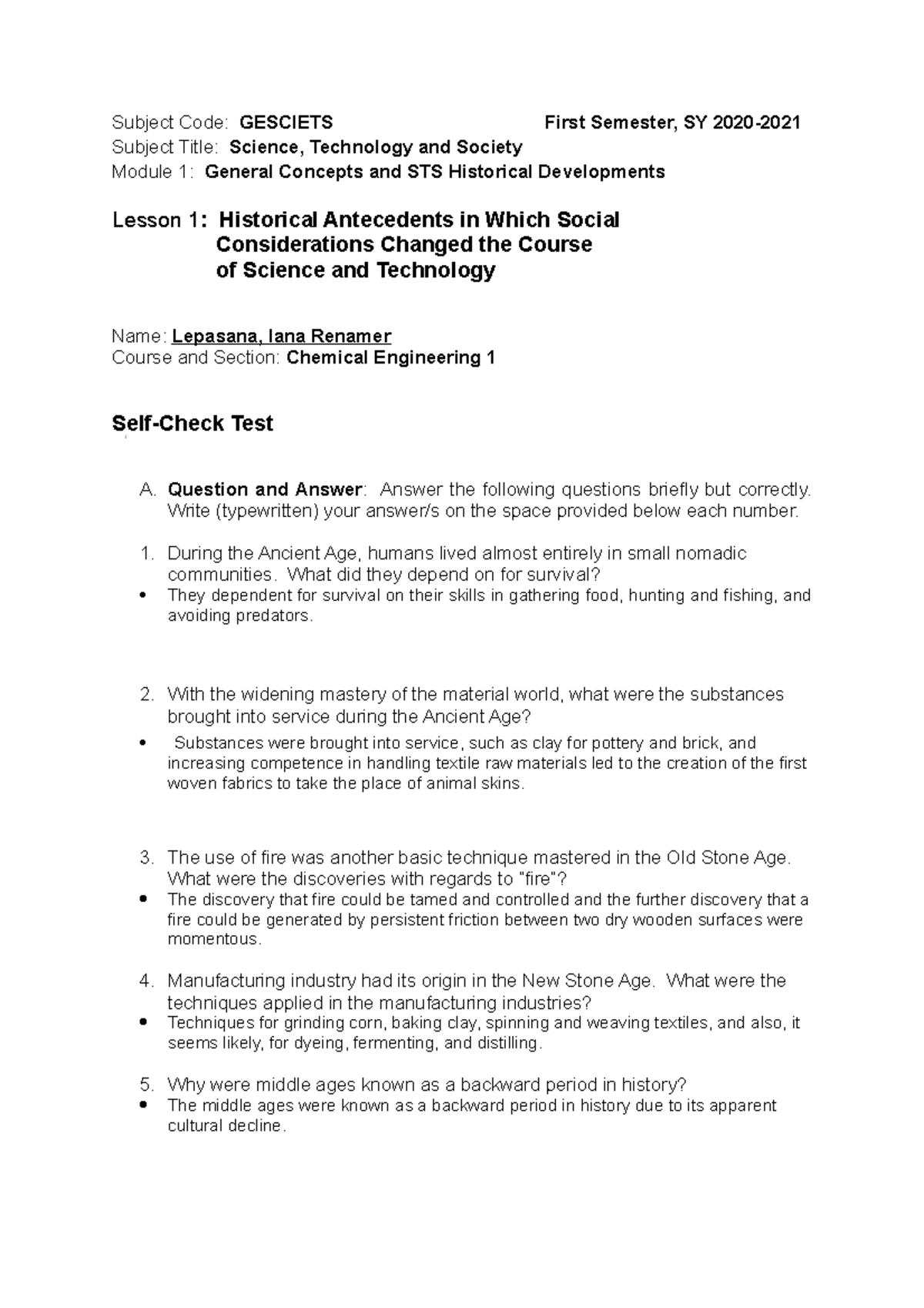 STS- SELF Check Lesson 1 - Subject Code: GESCIETS First Semester, SY ...