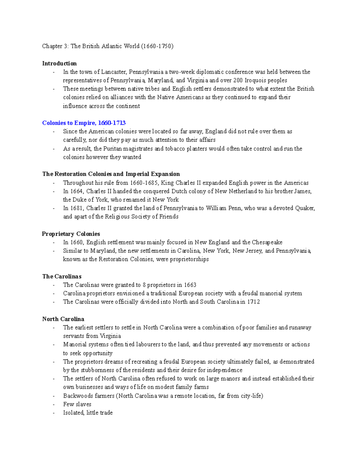 The British Atlantic World Outline (1660-1750) - Chapter 3: The British ...