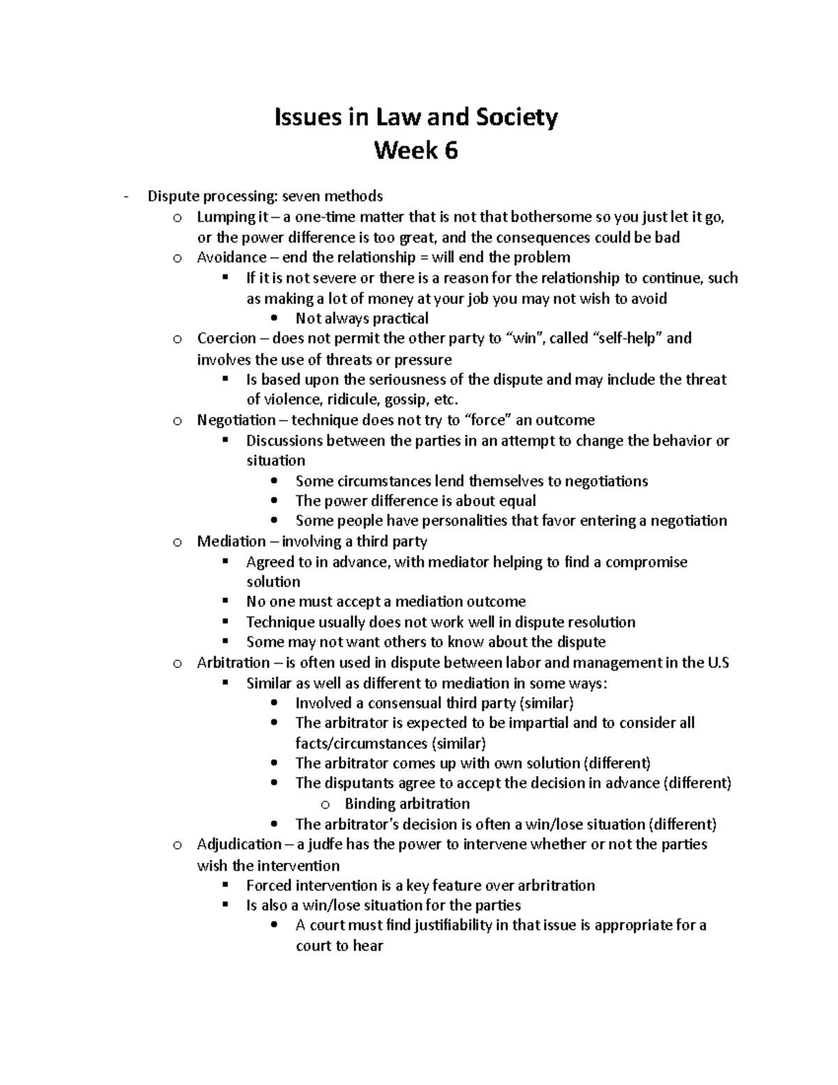 Week 6 Lecture Notes - Issues in Law and Society Week 6 Dispute ...