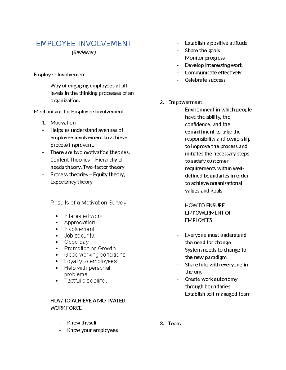 Employee Involvement - reviewr - EMPLOYEE INVOLVEMENT (Reviewer ...