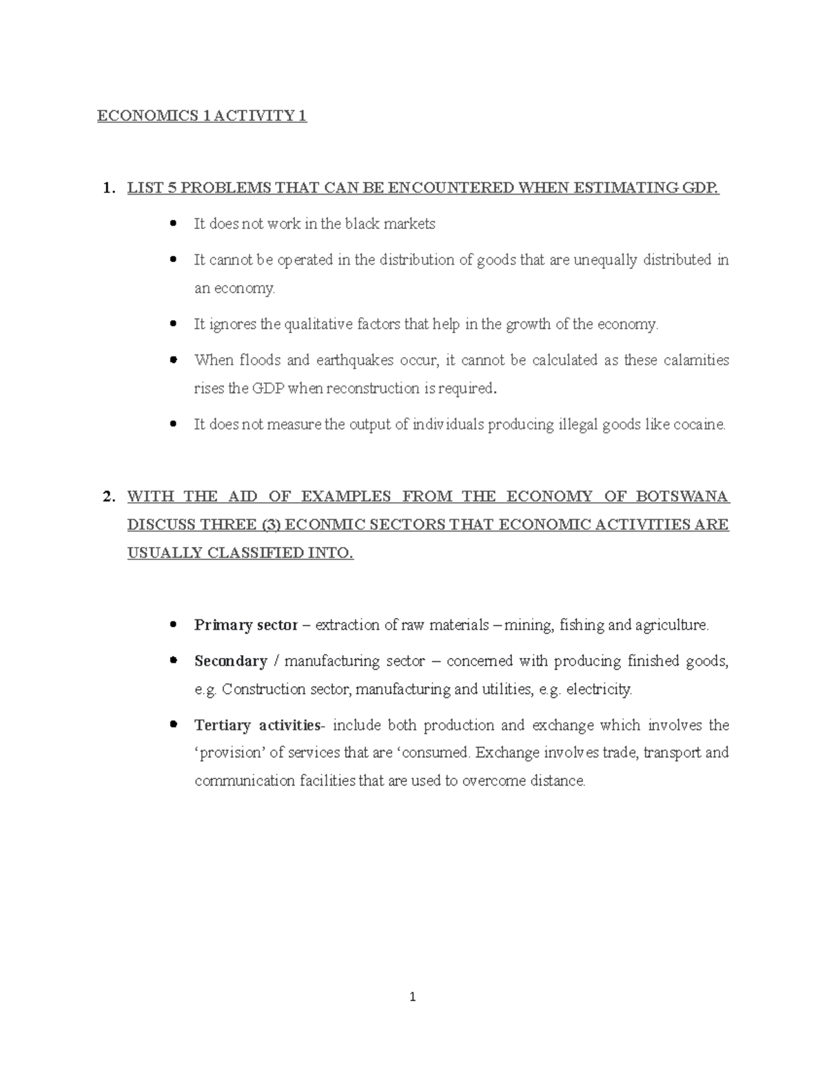 Economics Exercise 1 AND 2 - ECONOMICS 1 ACTIVITY 1 1. LIST 5 PROBLEMS ...