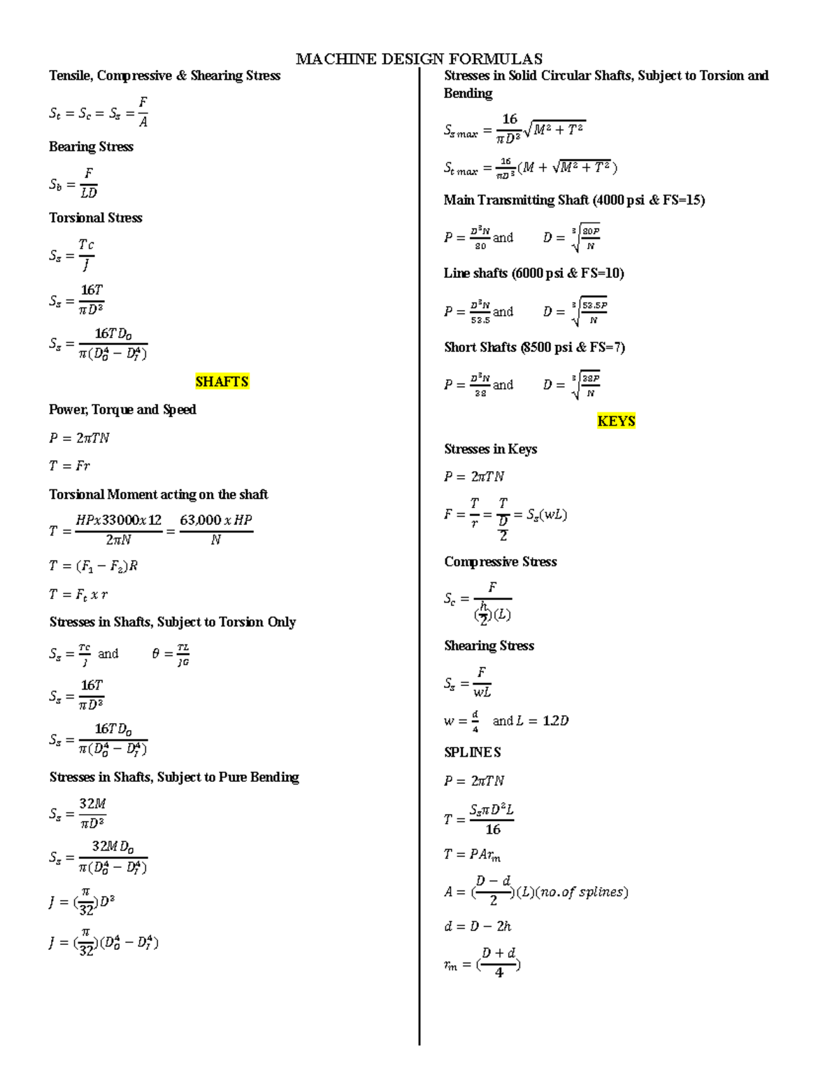 Machine-Design-Formulas - MACHINE DESIGN FORMULAS Tensile, Compressive ...