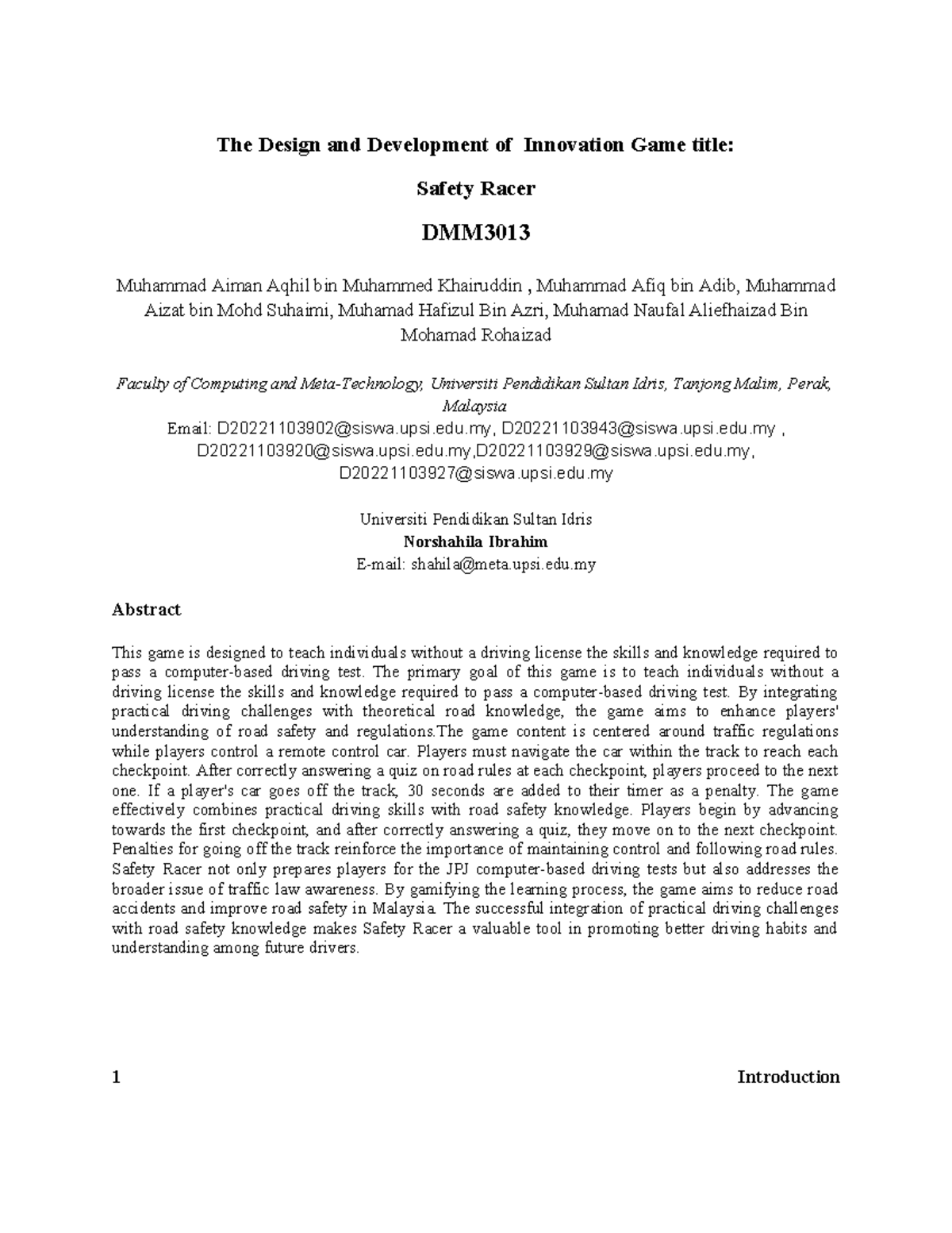 DMM3013 -Safety Racer - good - The Design and Development of Innovation ...