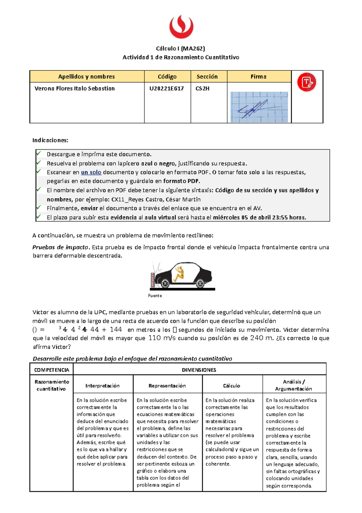 Actividad 1 RC Movimiento Rectilíneo - Cálculo I (MA262) Actividad 1 de ...