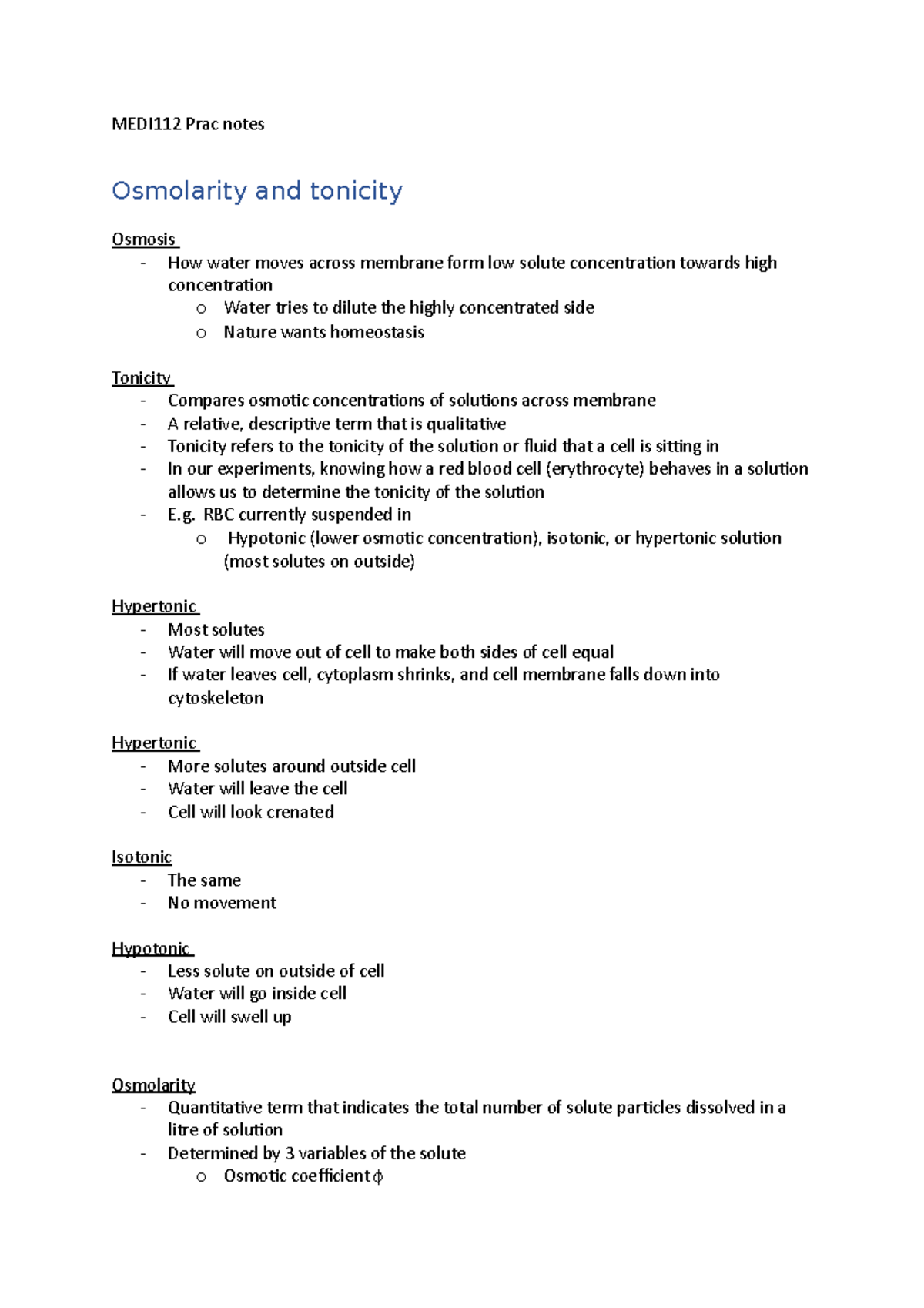 MEDI112 Prac notes - MEDI112 Prac notes Osmolarity and tonicity Osmosis ...