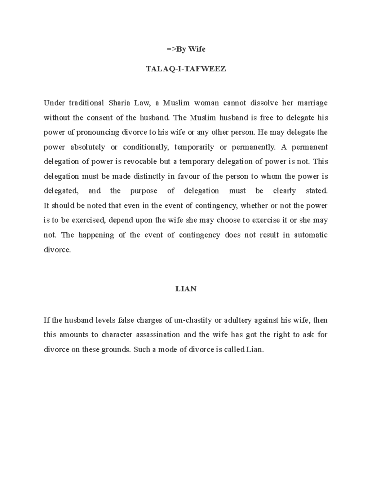 Divorce notes - =>By Wife TALAQ-I-TAFWEEZ Under traditional Sharia Law ...