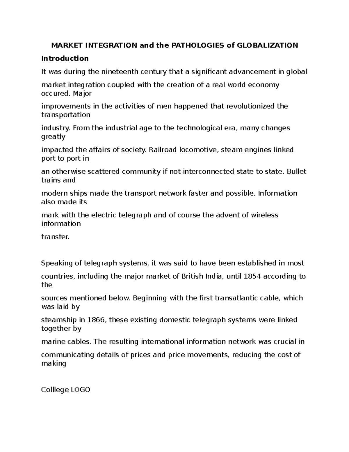 Market Integration and the Pathologies of Globalization - MARKET ...