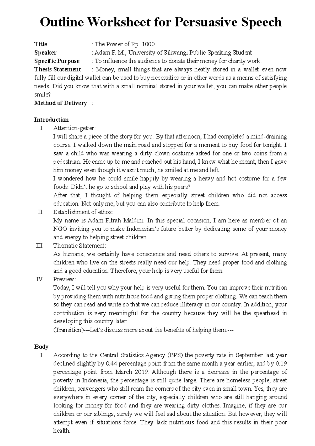 Outline Worksheet Persuasive Speech Public Speaking - Outline Worksheet ...