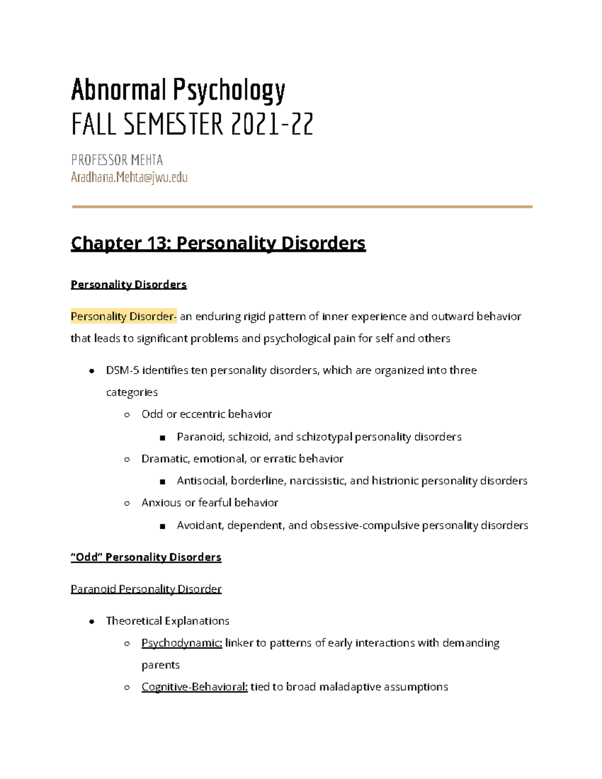 Notes- Abnormal - Abnormal Psychology FALL SEMTER 2021- PROFSOR MEHTA ...