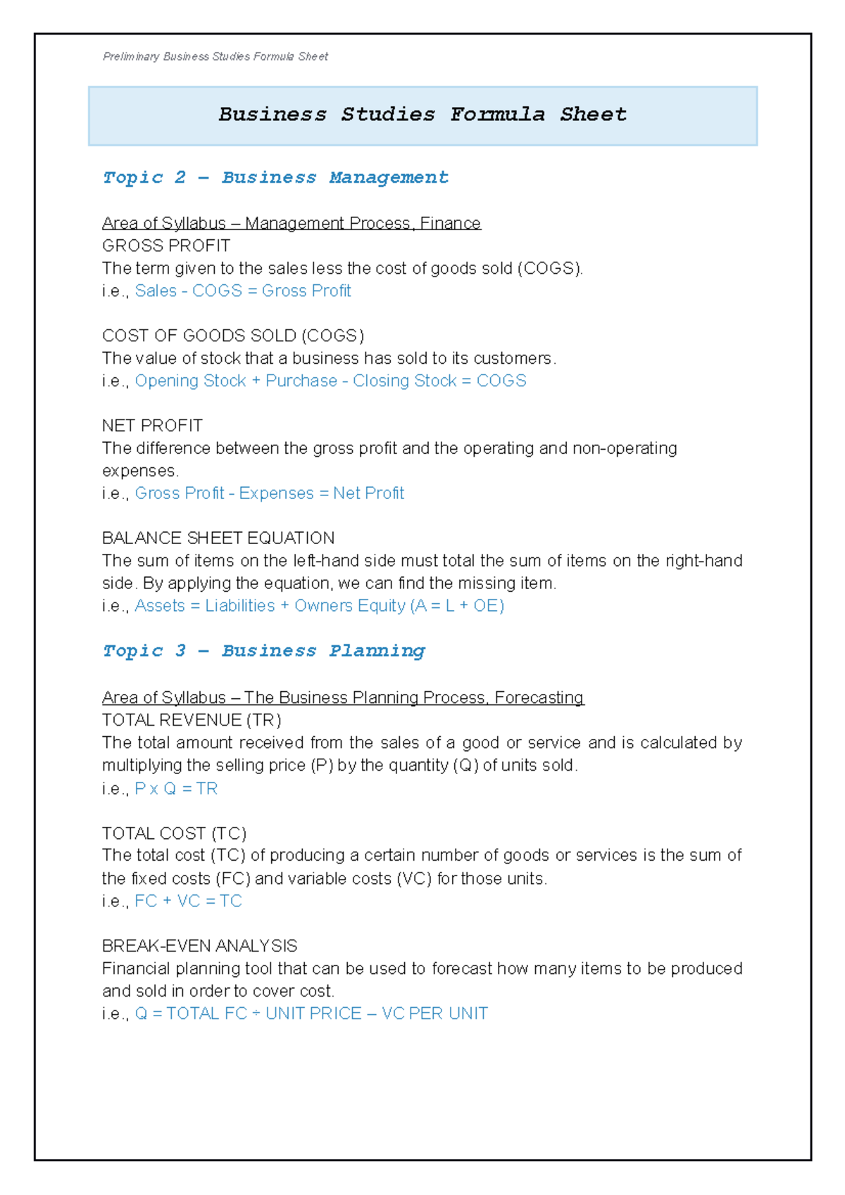 Business Studies Formula Sheet - Preliminary Business Studies Formula ...