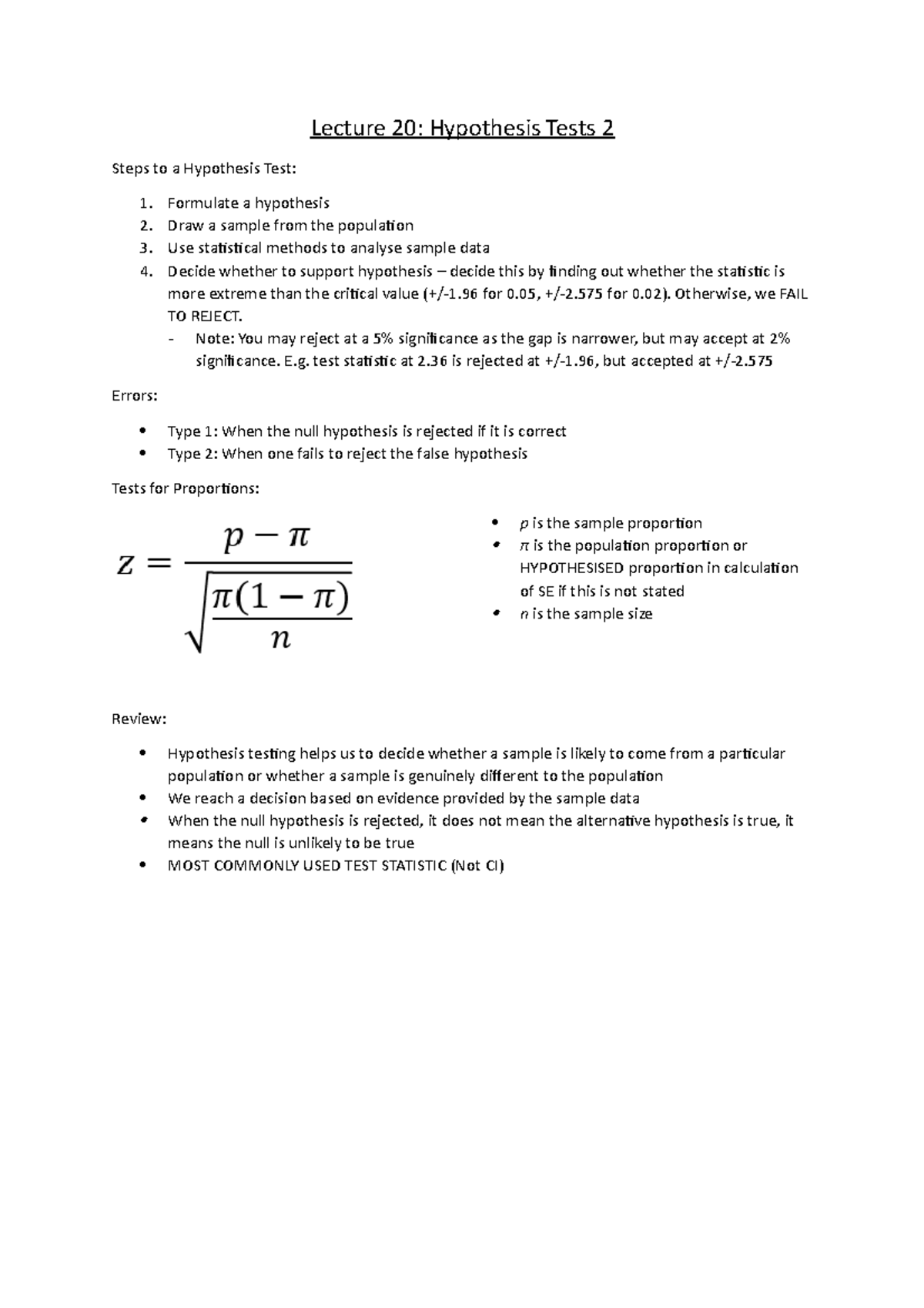 Lecture 20 - Hypothesis Tests 2 - Otherwise, we FAIL TO REJECT. Note ...