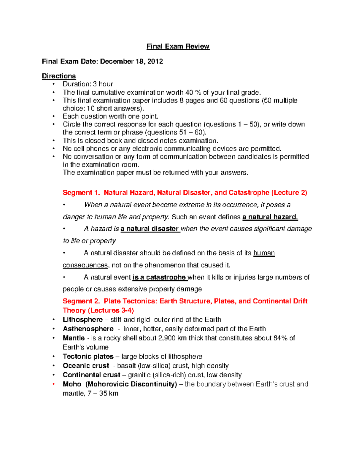 Lecture Notes, Final Exam Review - Final Exam Review Final Exam Date ...