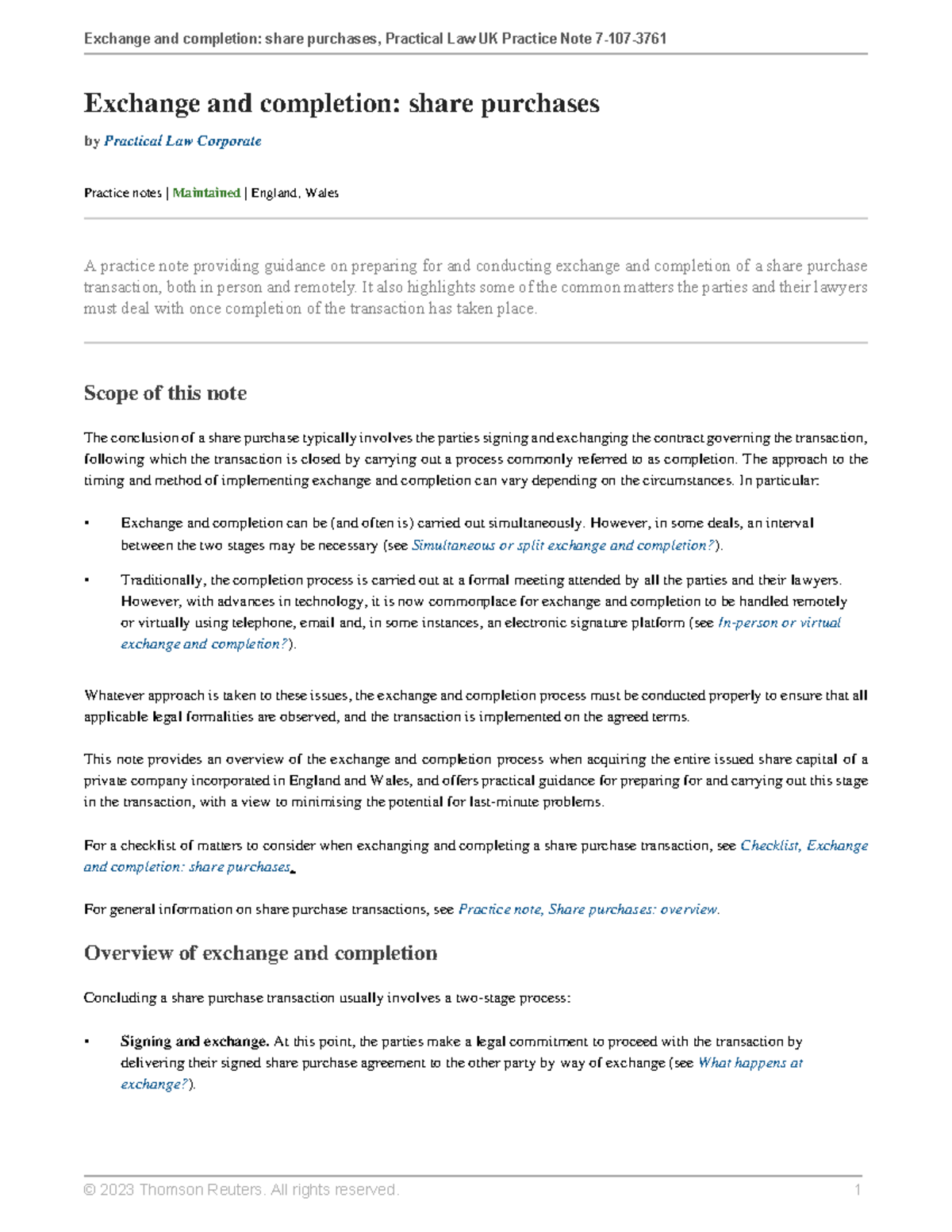 Exchange and completion share purchases - It also highlights some of the common matters the ...