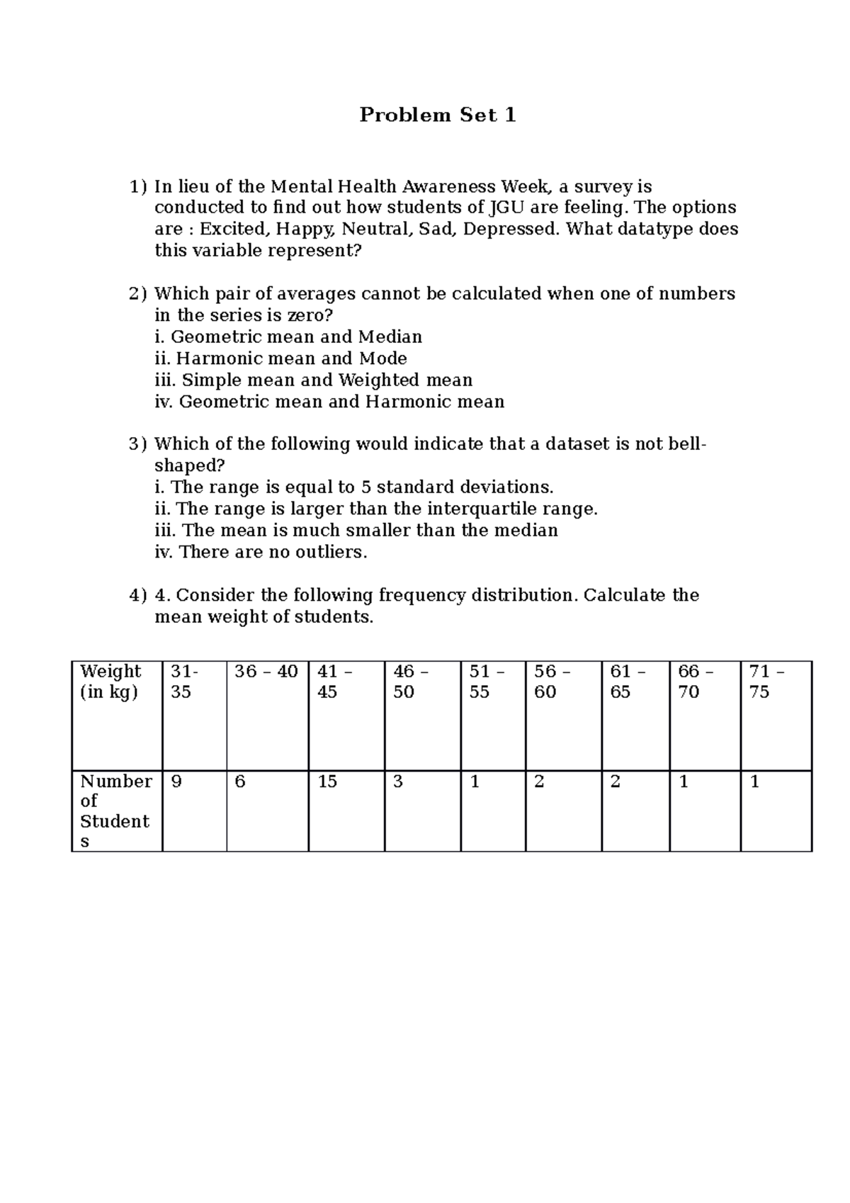 Problem Set 1- Stats 1 - Hygyh - Problem Set 1 In lieu of the Mental ...