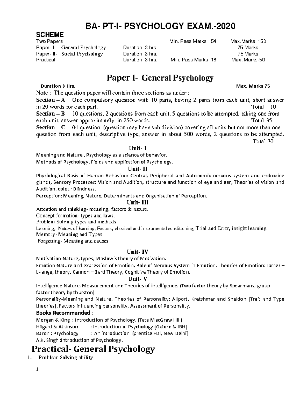 562 B - Aabbbb - BA- PT-I- PSYCHOLOGY EXAM.- SCHEME Two Papers Min ...