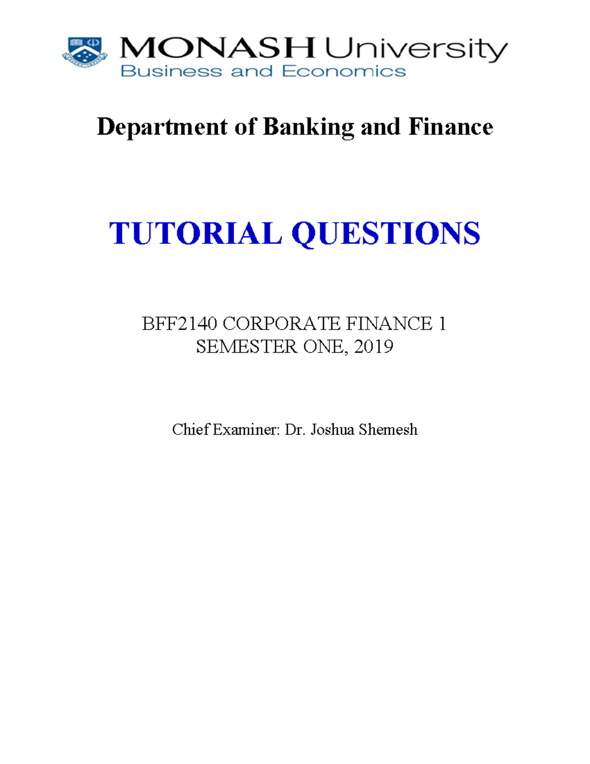 Tut questions - Department of Banking and Finance TUTORIAL QUESTIONS ...