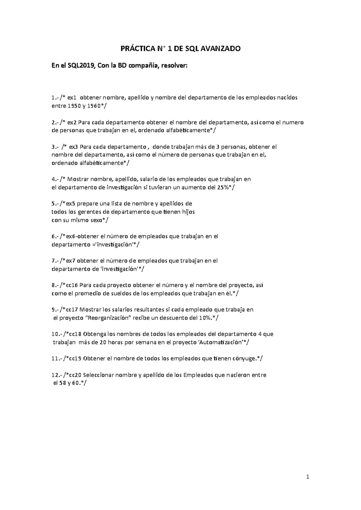 Práctica N° 1 de SQL Avanzado - PRÁCTICA N° 1 DE SQL AVANZADO En el ...