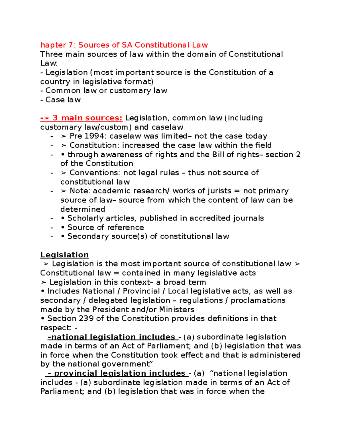 Document - Pbl210 - hapter 7: Sources of SA Constitutional Law Three ...