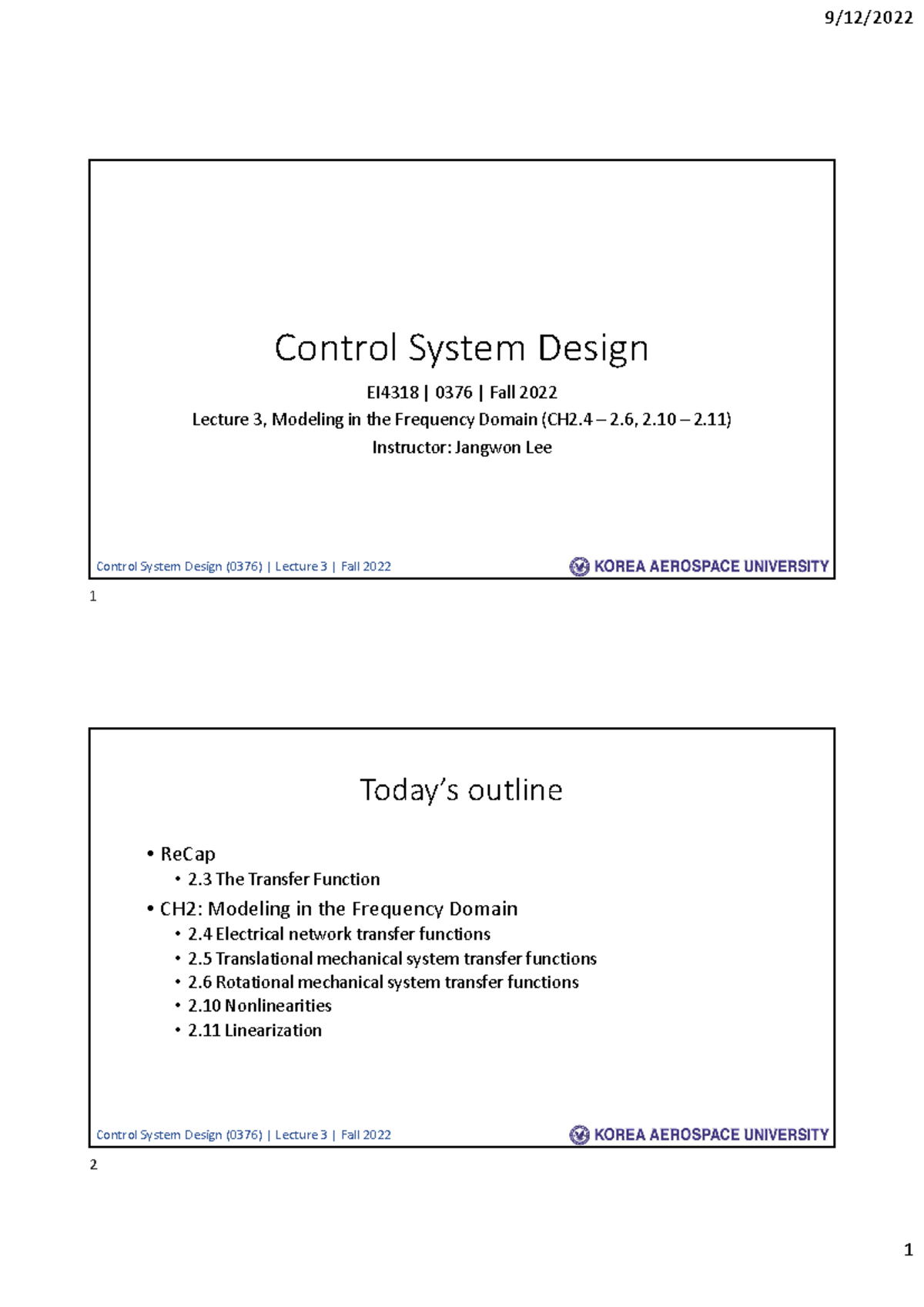 Week3 control sys fall2022 - Control System Design EI4318 | 0376 | Fall 2022 Lecture 3, Modeling ...