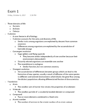 BIO 121 EXAM 1 Notes - BIO 121 EXAM 1 NOTES: Chapter 1: Evolution, the ...