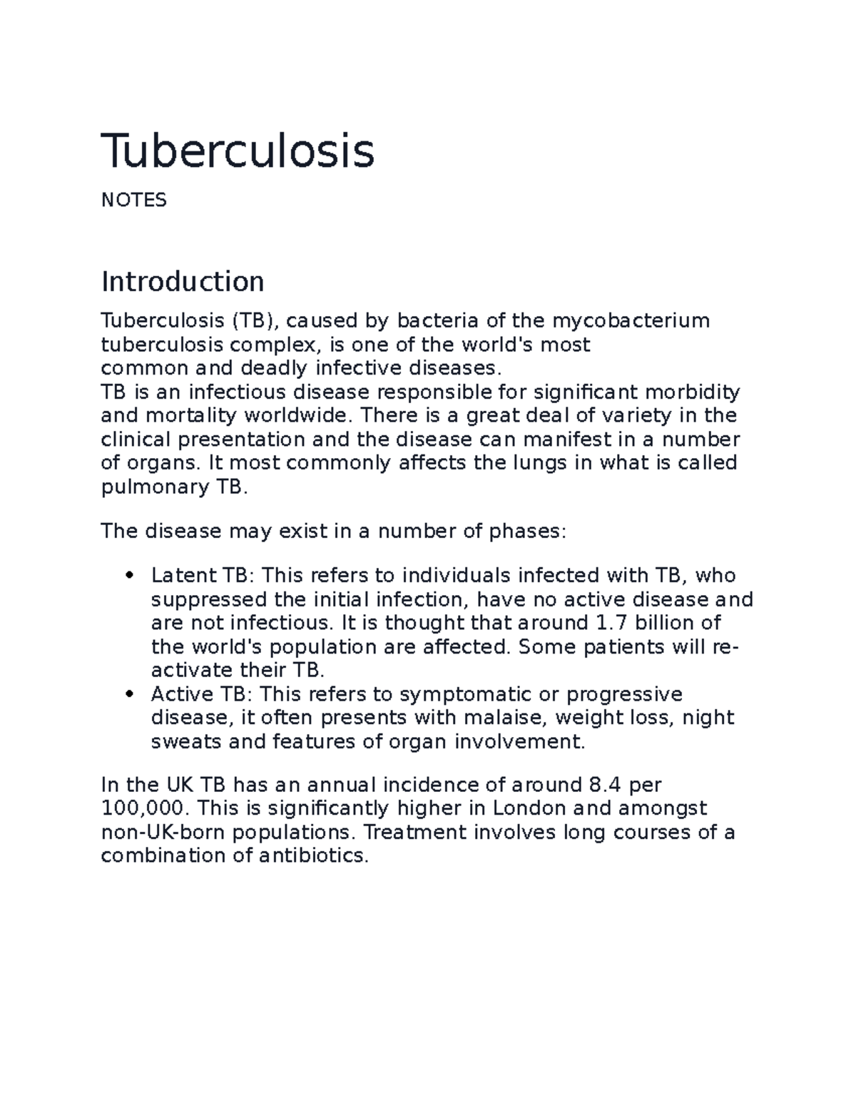 Tuberculosis - Lecture notes - Tuberculosis NOTES Introduction ...