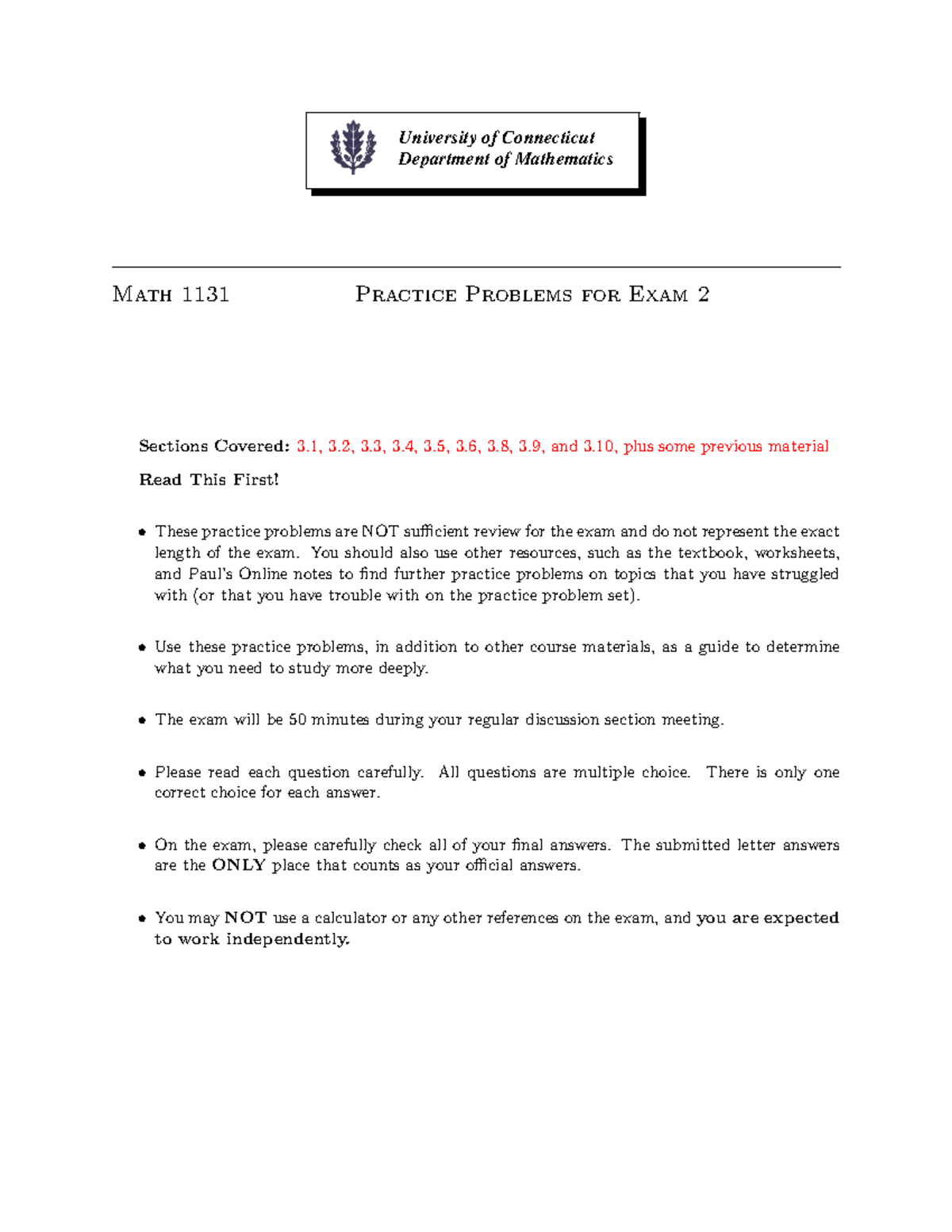 Calculus I Math 1131Q Exam 2 Practice Problems - University of ...