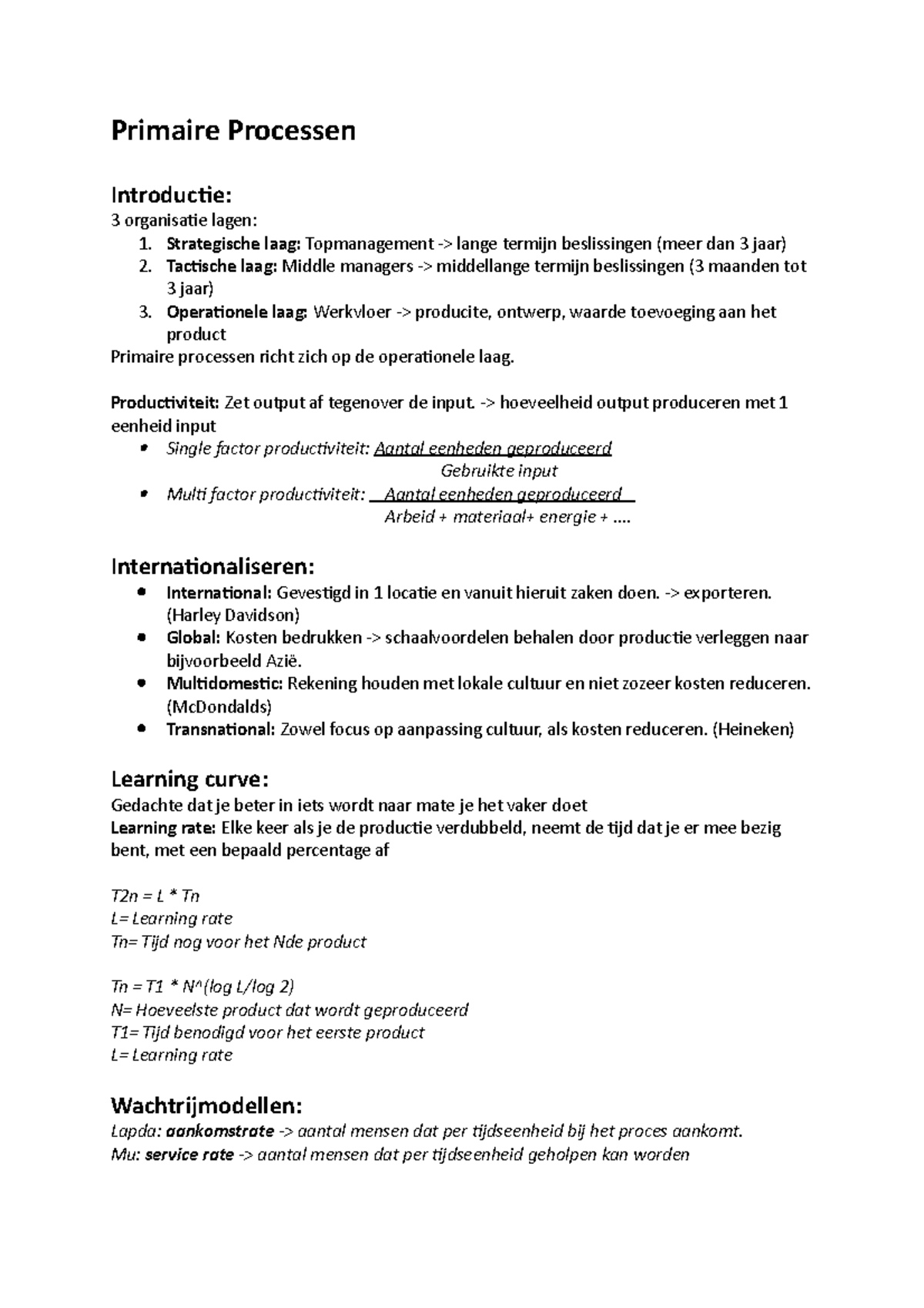 Samenvatting - compleet - Primaire Processen Introductie: 3 organisatie ...