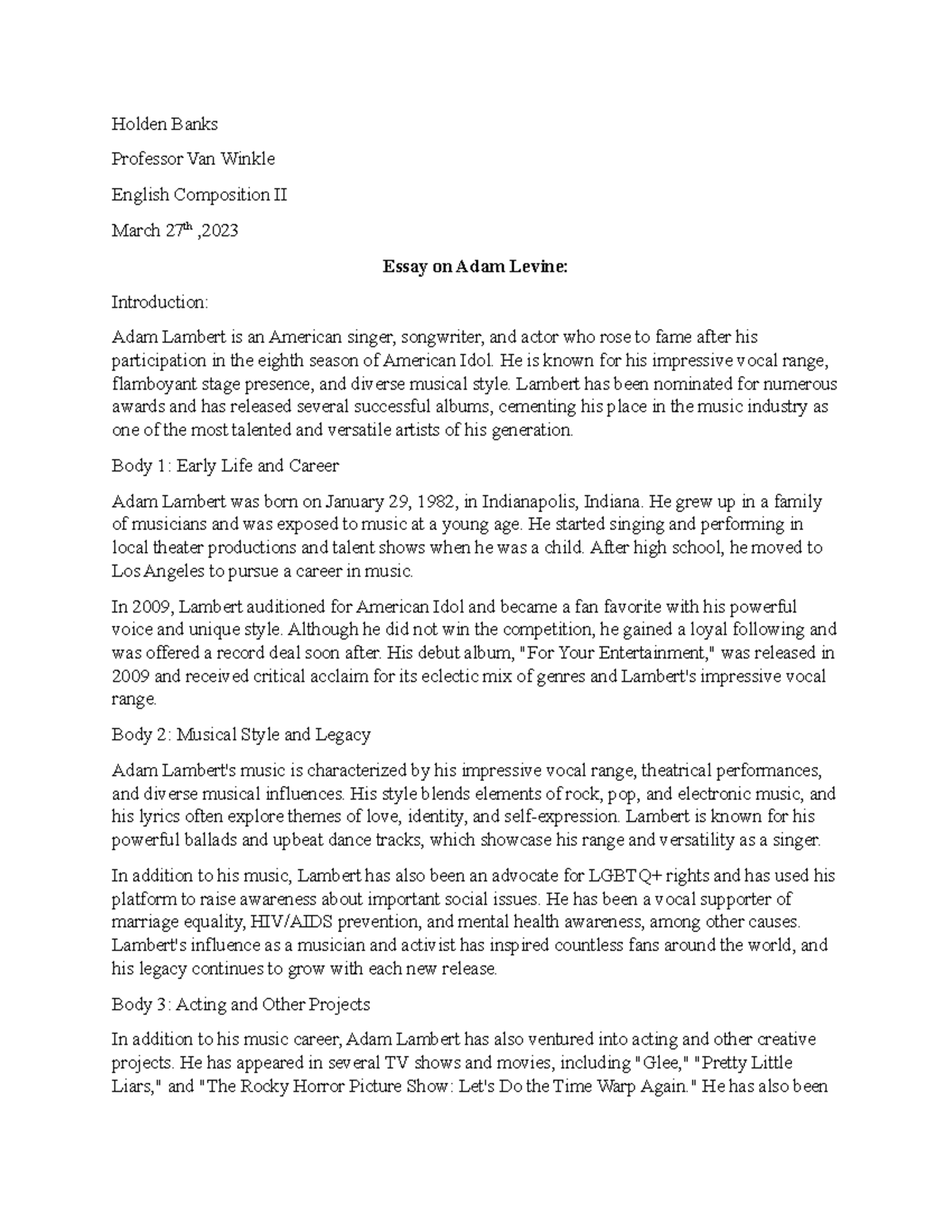 Essay on Adam Levine and his Lifestyle - Holden Banks Professor Van ...