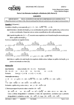 PC 2022-1 AD1-Parte 1 Gabarito - DISCIPLINA PRÉ-CÁLCULO 2022 - 1 Profa. Maria Lúcia Campos Profa ...
