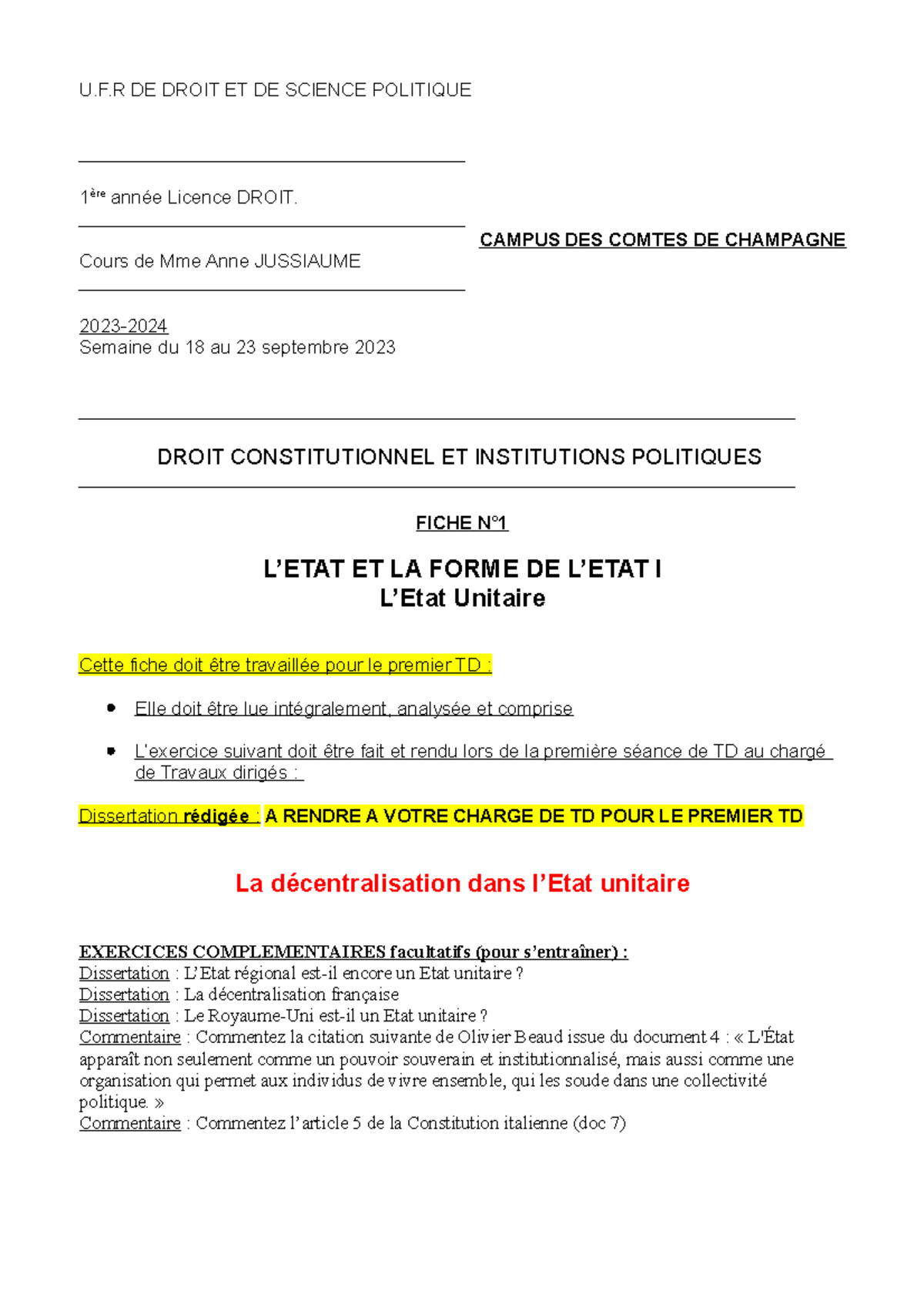 Fiche 1 LEtat et la forme de l Etat- Etat unitaire - U.F DE DROIT ET DE ...