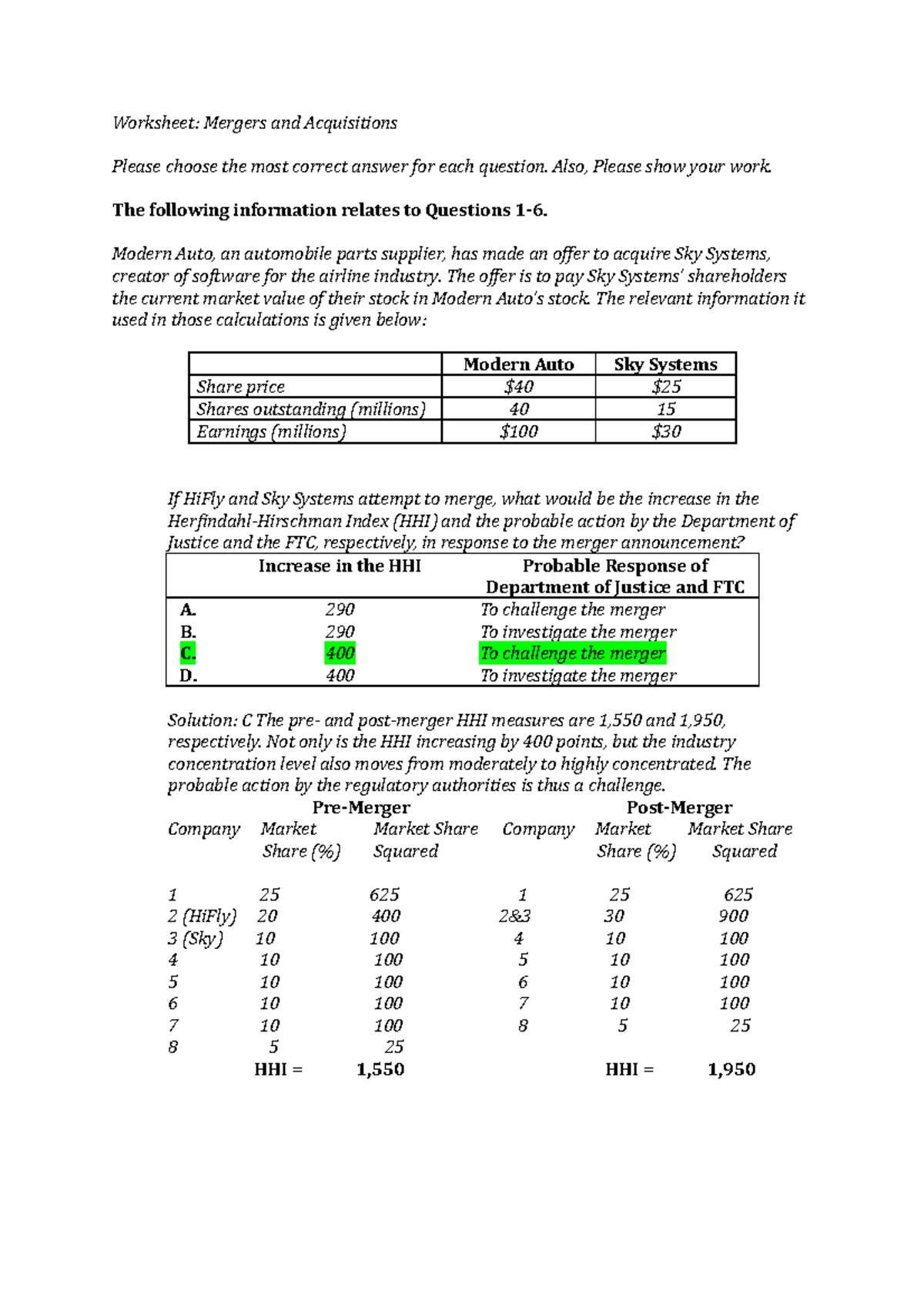 Solution Class assignment Mergers Acquisitions Solution Q6 - Worksheet ...