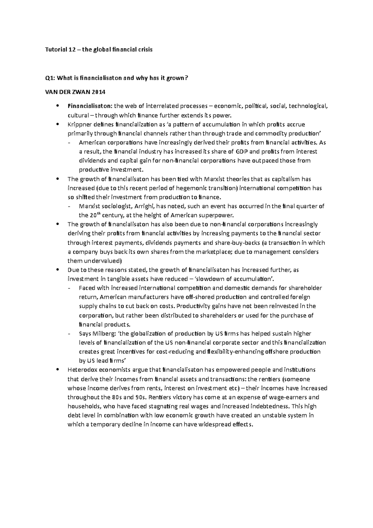 Tutorial 12 - The Global Financial Crisis - discussing the readings and ...