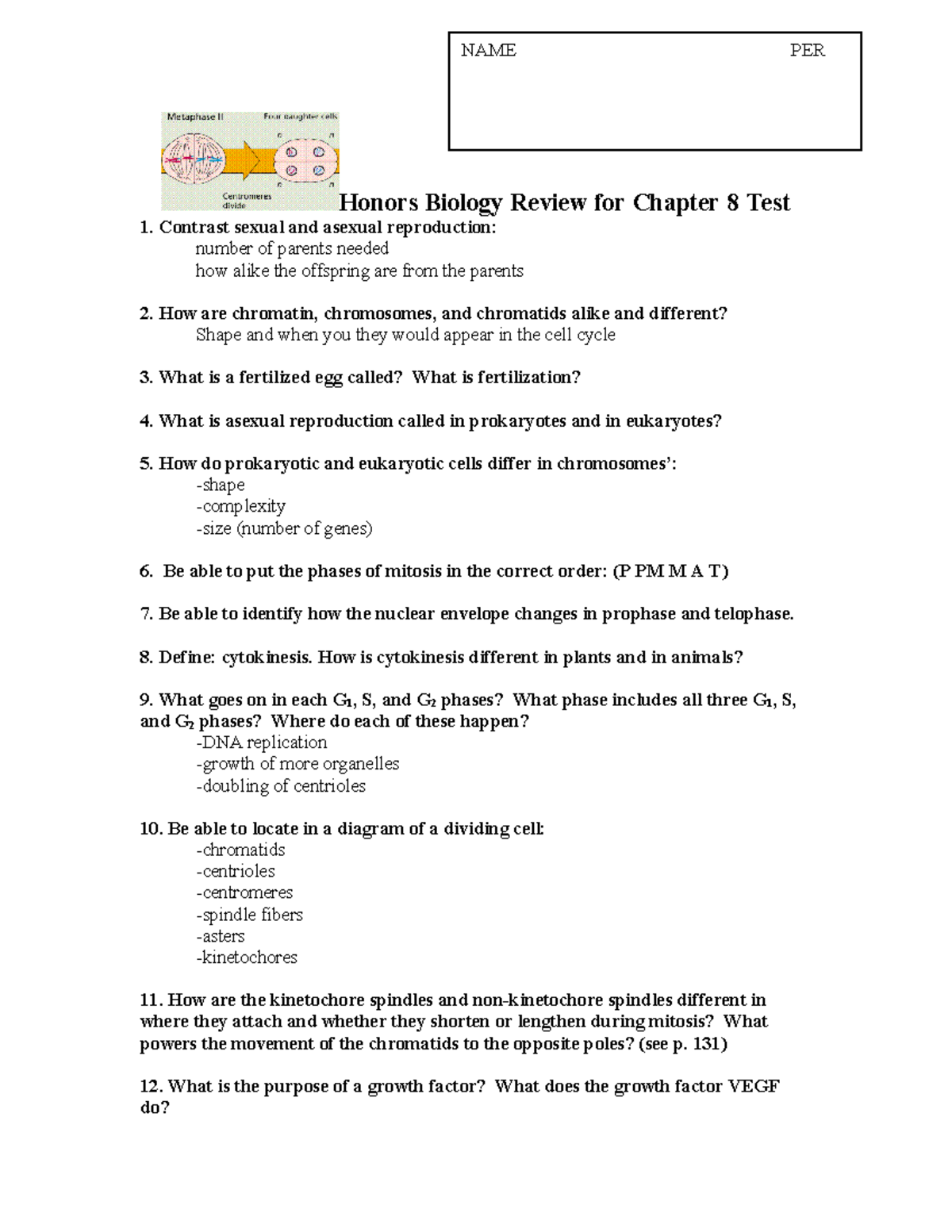 HB Review for Chapter 8 Test - Honors Biology Review for Chapter 8 Test ...